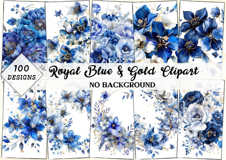 Royal Blue and Gold Floral Clipart Shabby Wedding Rustic Navy Blue ...