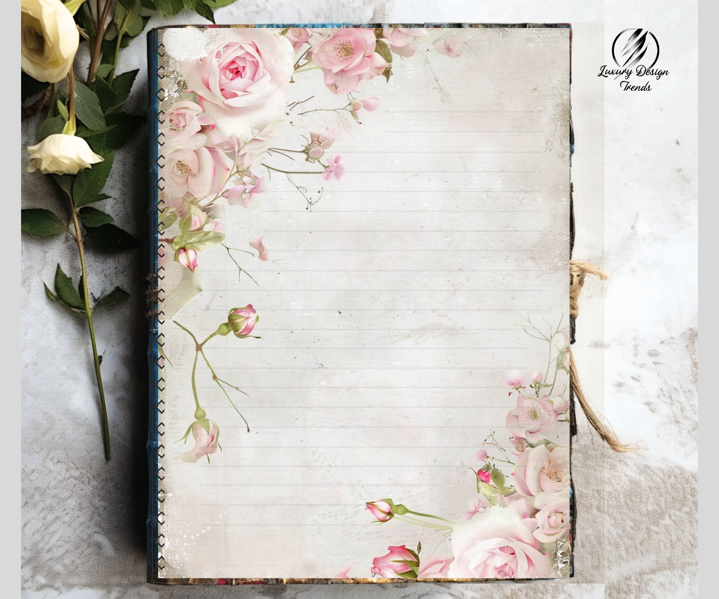 Blank Lined Journal Pages Bundle Printable Shabby Pink Roses Gorgeous ...
