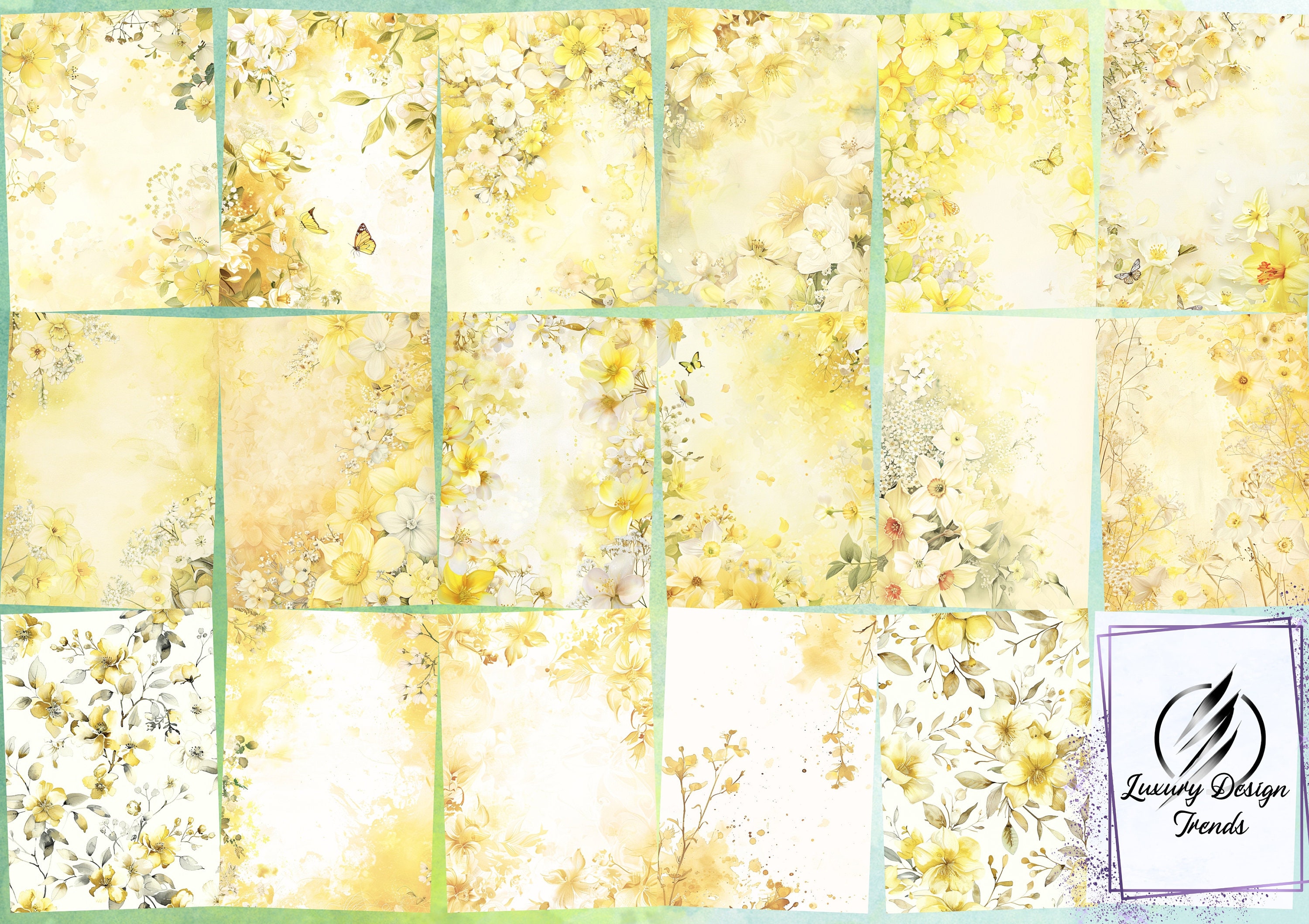 Yellow Floral Watercolor Digital Paper, Abstract Spring Watercolor ...
