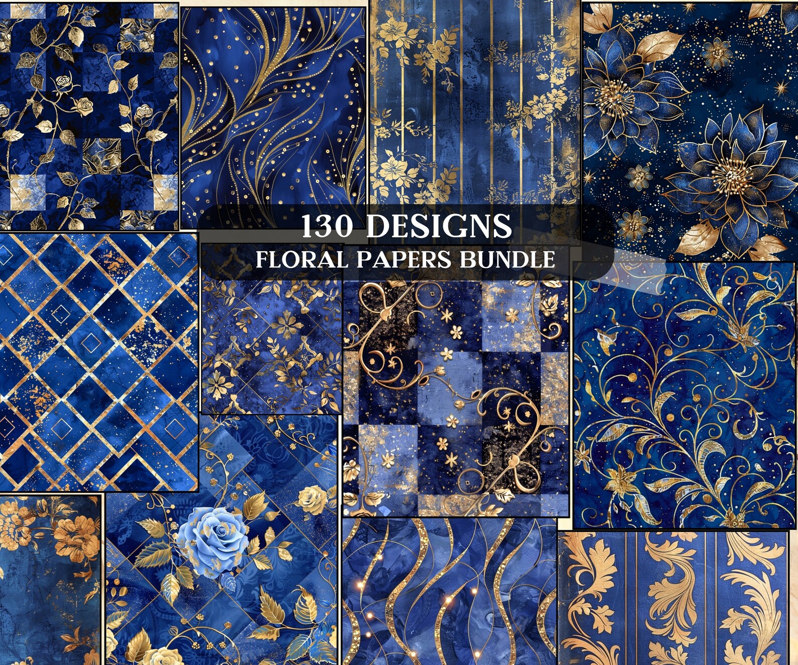Printable Royal Blue & Gold Paper Bundle, Abstract, Asymmetric, Damask ...