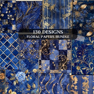 Printable Royal Blue & Gold Paper Bundle, Abstract, Asymmetric, Damask ...