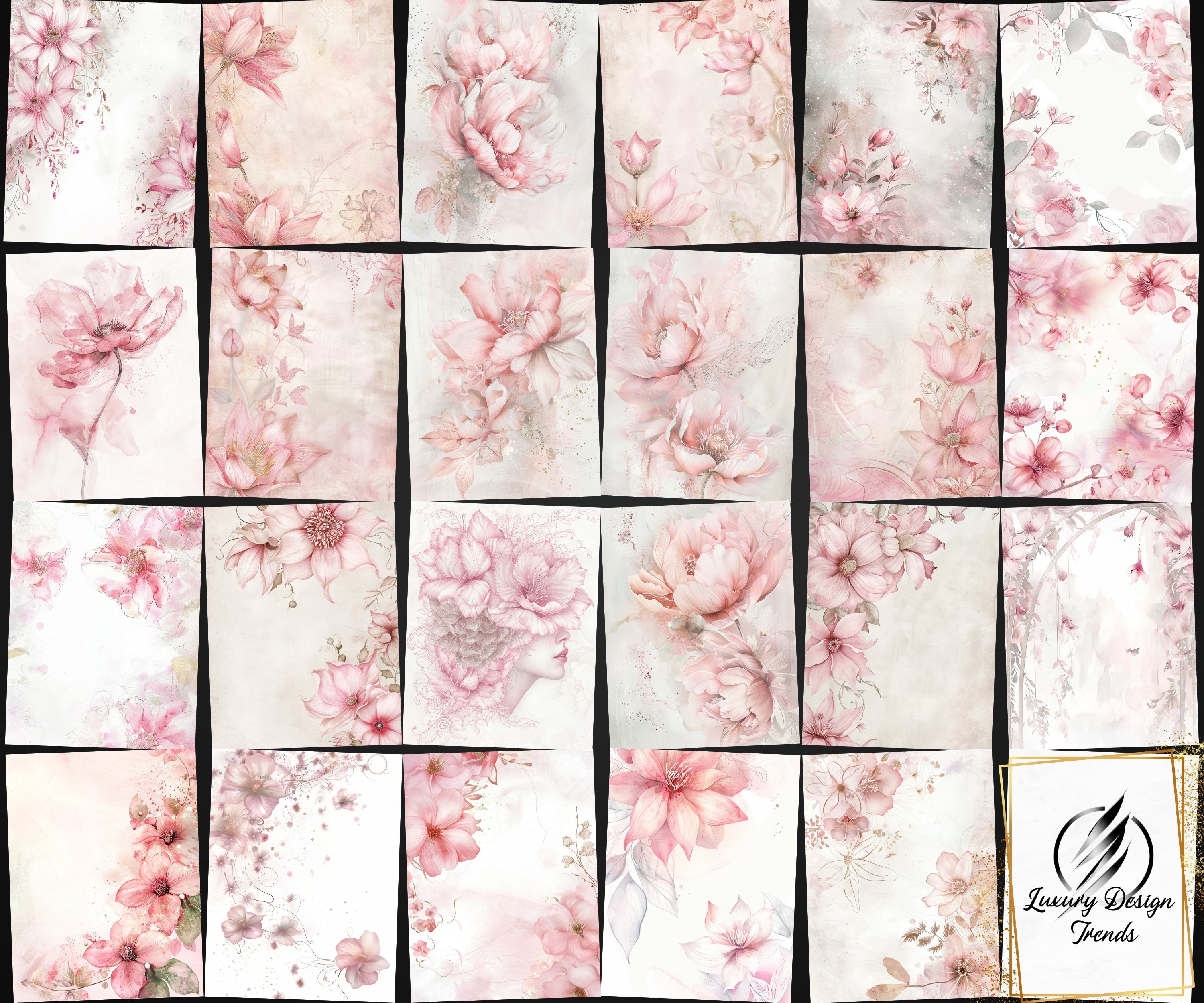 Boho Pink Floral Paper Bundle Pretty Watercolor Scrapbook Digital Pages ...