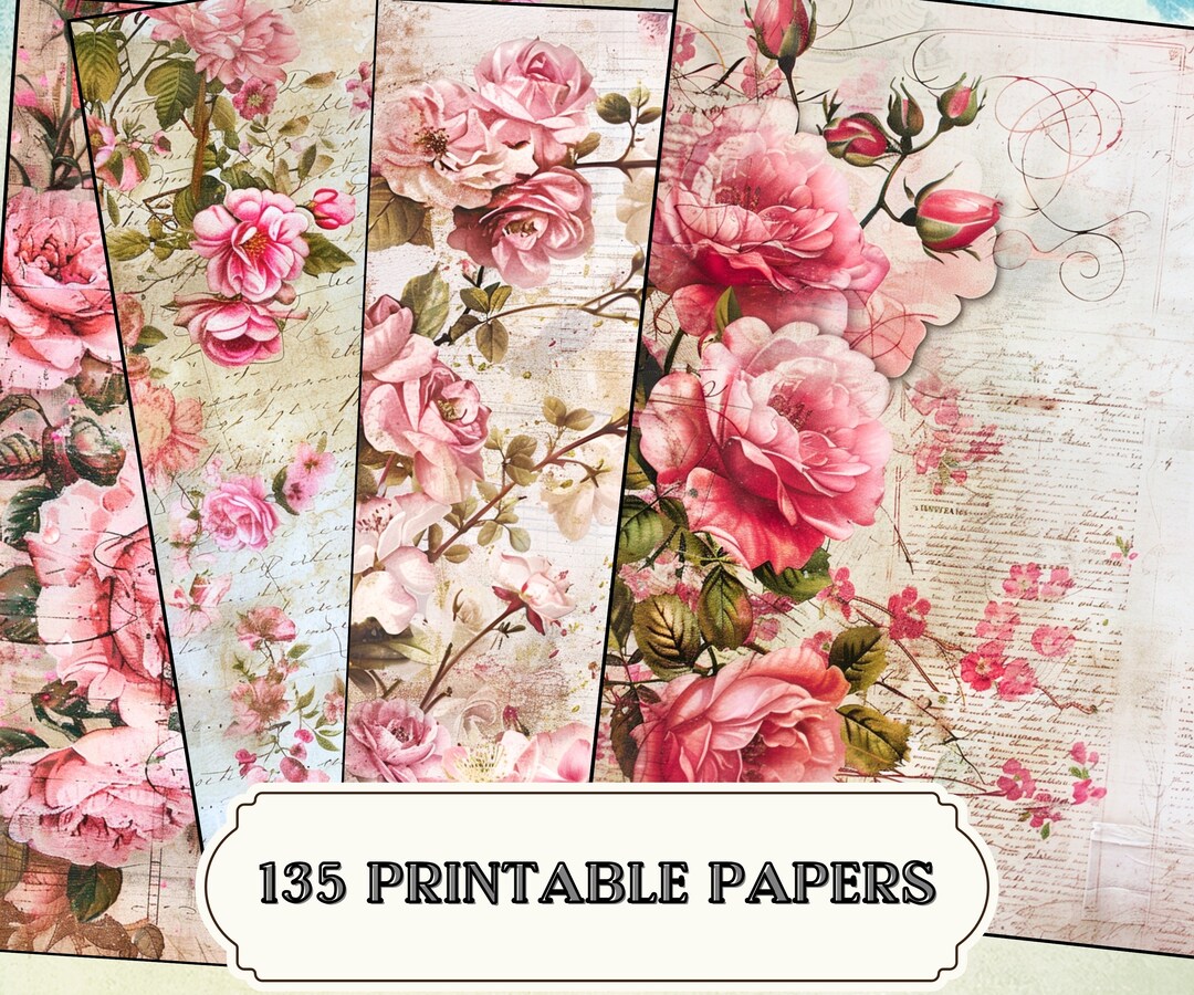 Roses and Script Scrappy Papers, Shabby Junk Journal Pages, Vintage ...
