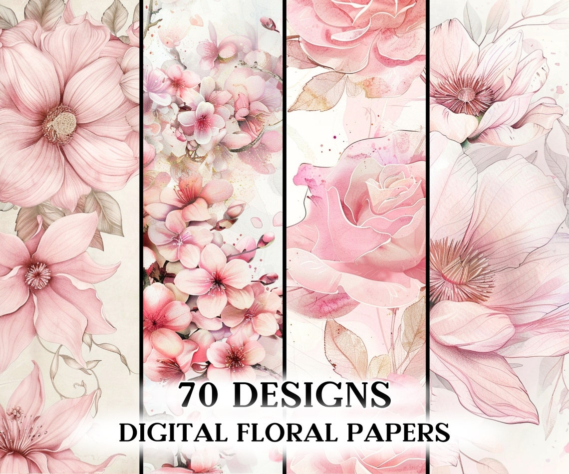 Boho Pink Floral Digital Paper Bundle | Watercolor Scrapbook Pages | A4 ...