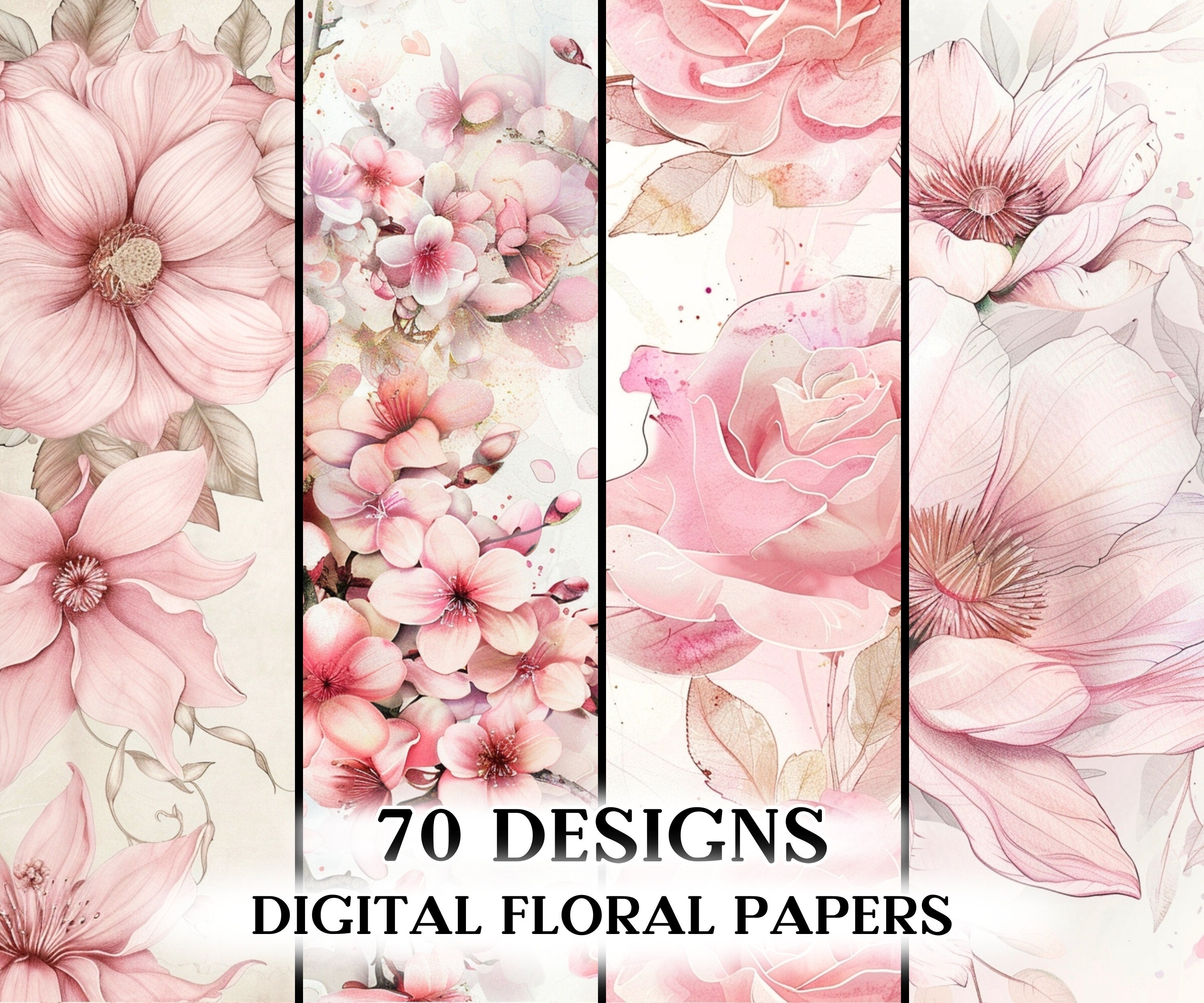 Boho Pink Floral Paper Bundle Pretty Watercolor Scrapbook Digital Pages ...