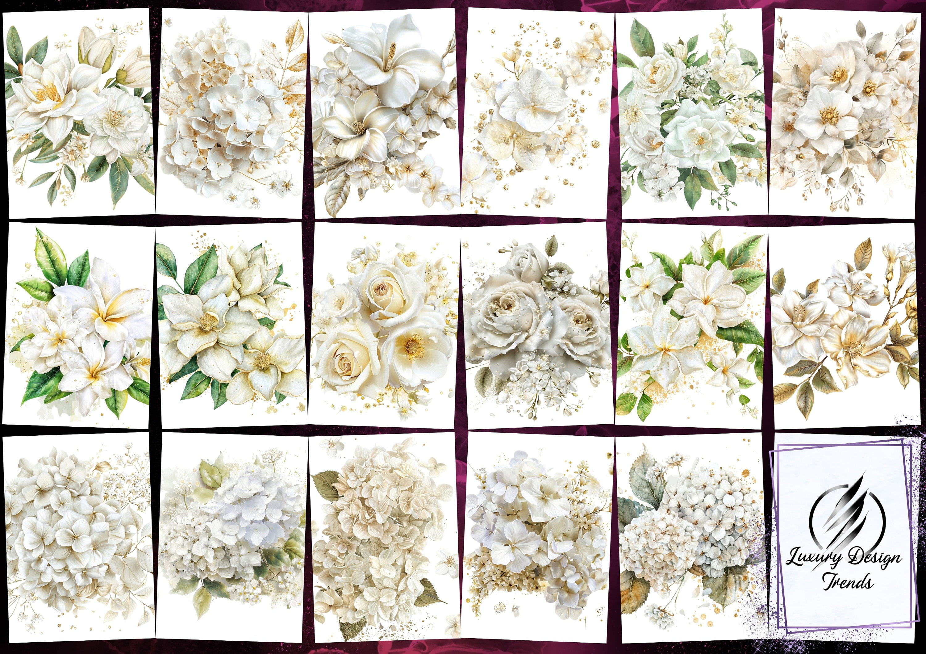 White and Gold Floral Clipart - Floral Watercolor Clipart - Wedding PNG ...