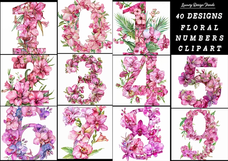 Pink Floral Numbers Clipart Set, Floral Prints, Printable Watercolor ...