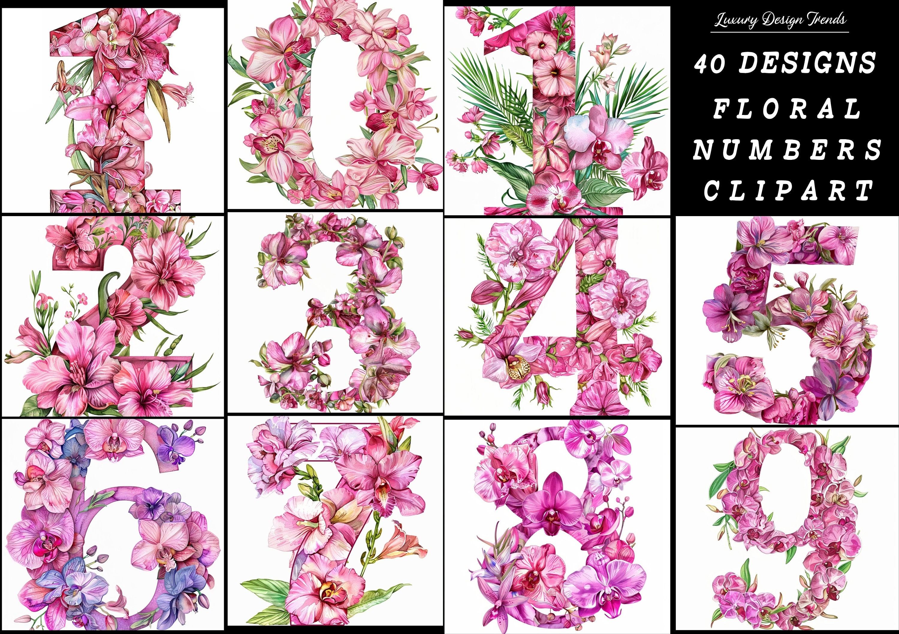 Pink Floral Numbers Clipart Set, Floral Prints, Printable Watercolor ...