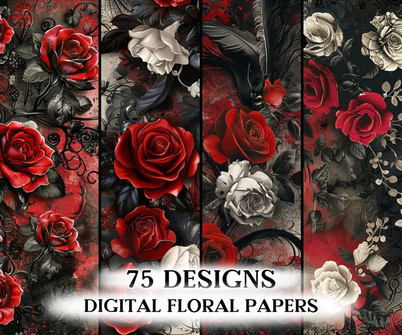 Romantic Goth Roses Digital Paper Bundle, Gothic Digital Pattern ...