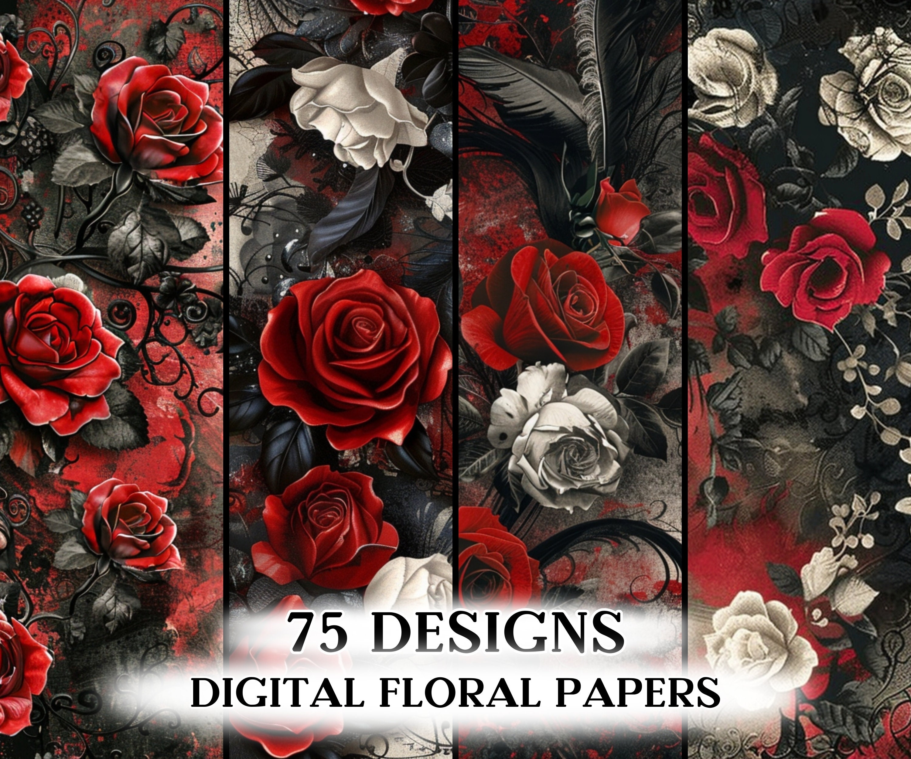 Romantic Goth Roses Digital Paper Bundle, Gothic Digital Pattern ...