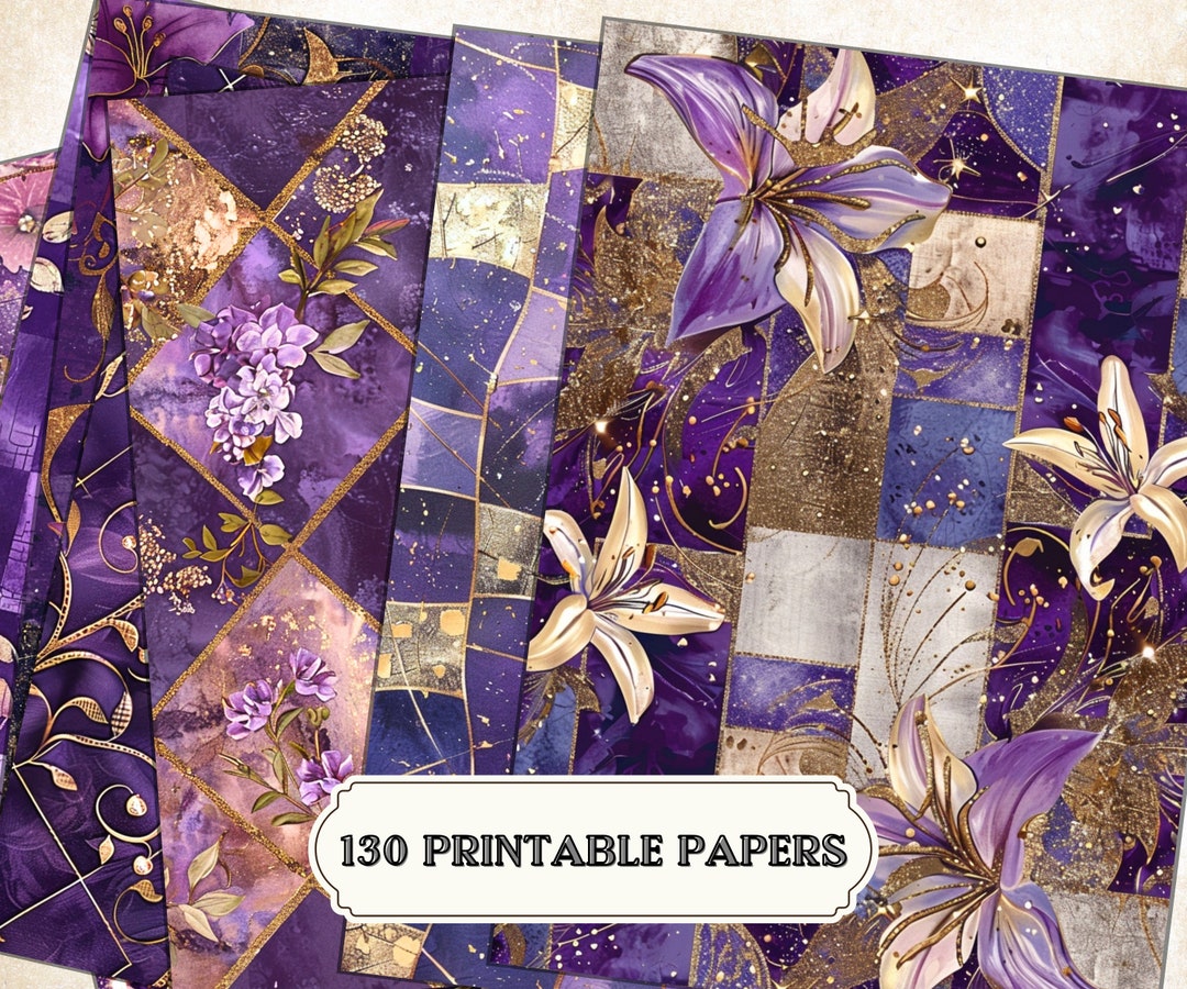 Purple & Gold Digital Paper Bundle | Classic and Abstract Floral Damask ...