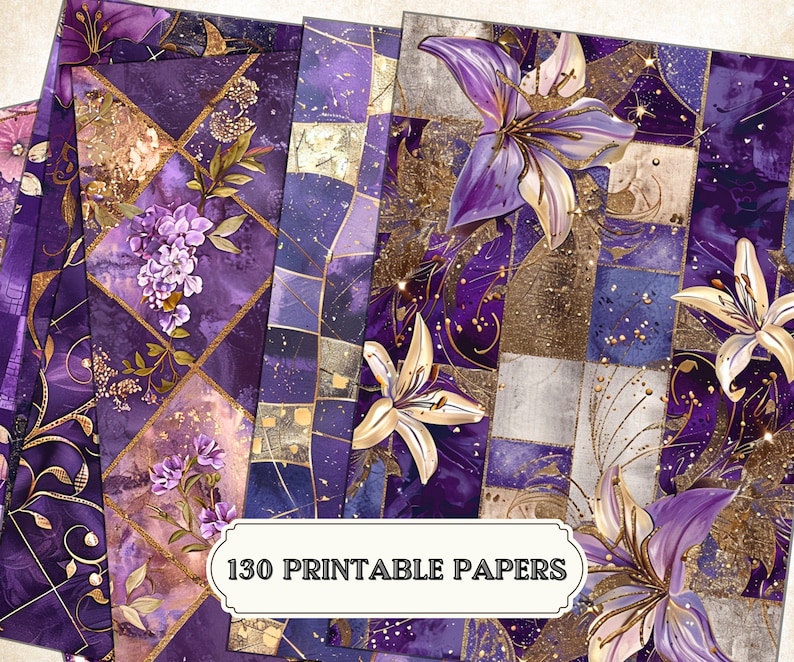 Purple & Gold Digital Paper Bundle | Classic and Abstract Floral Damask ...