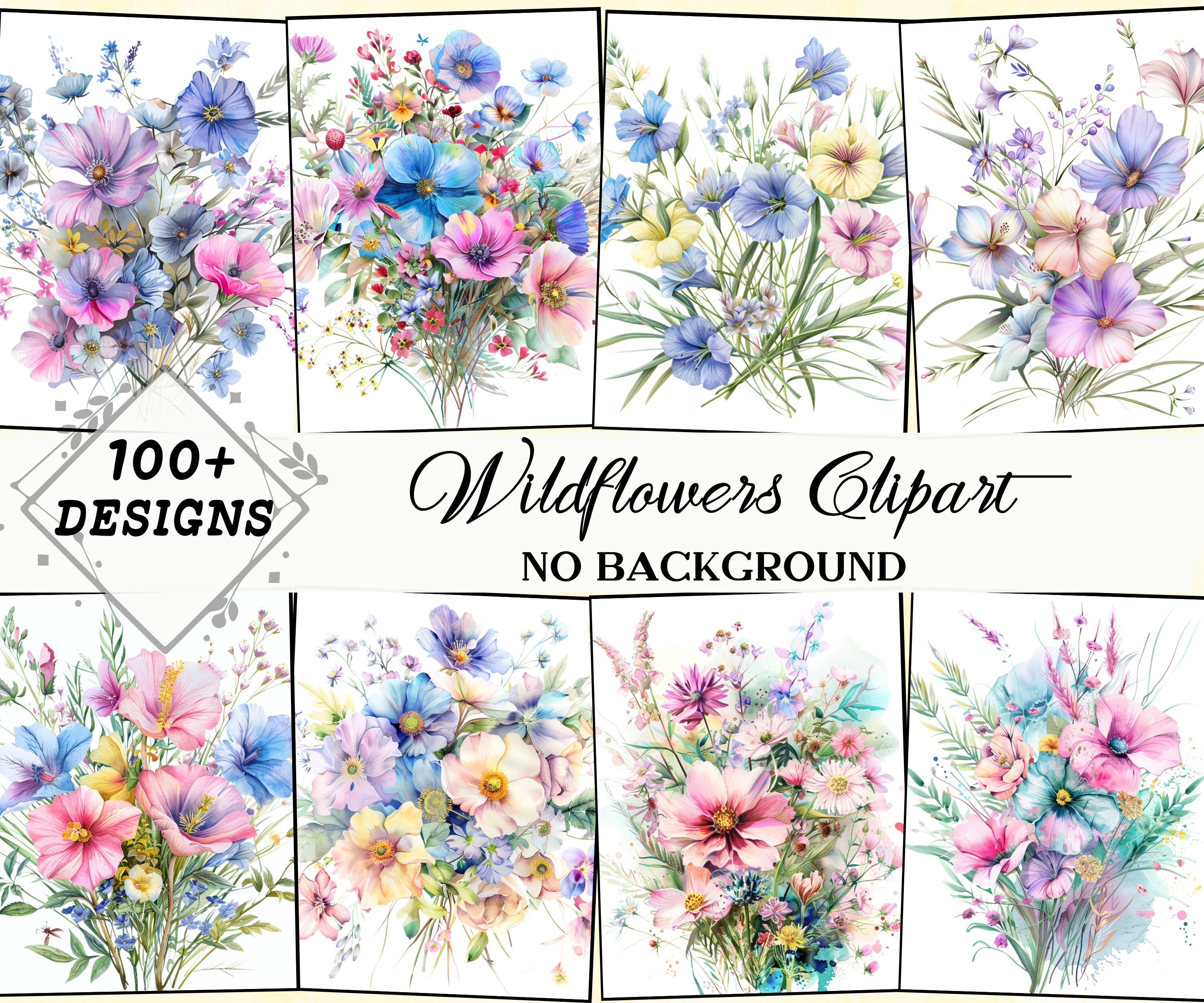 Watercolor Wildflower Clipart Bundle, Floral Clip Art Set, Spring ...