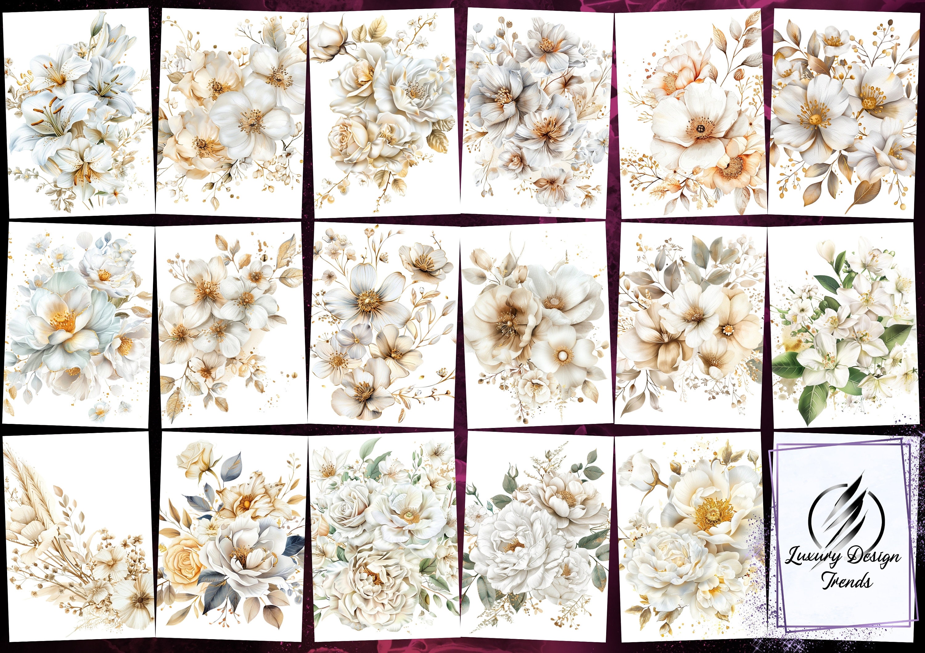 White and Gold Floral Clipart Floral Watercolor Clipart Wedding PNG ...