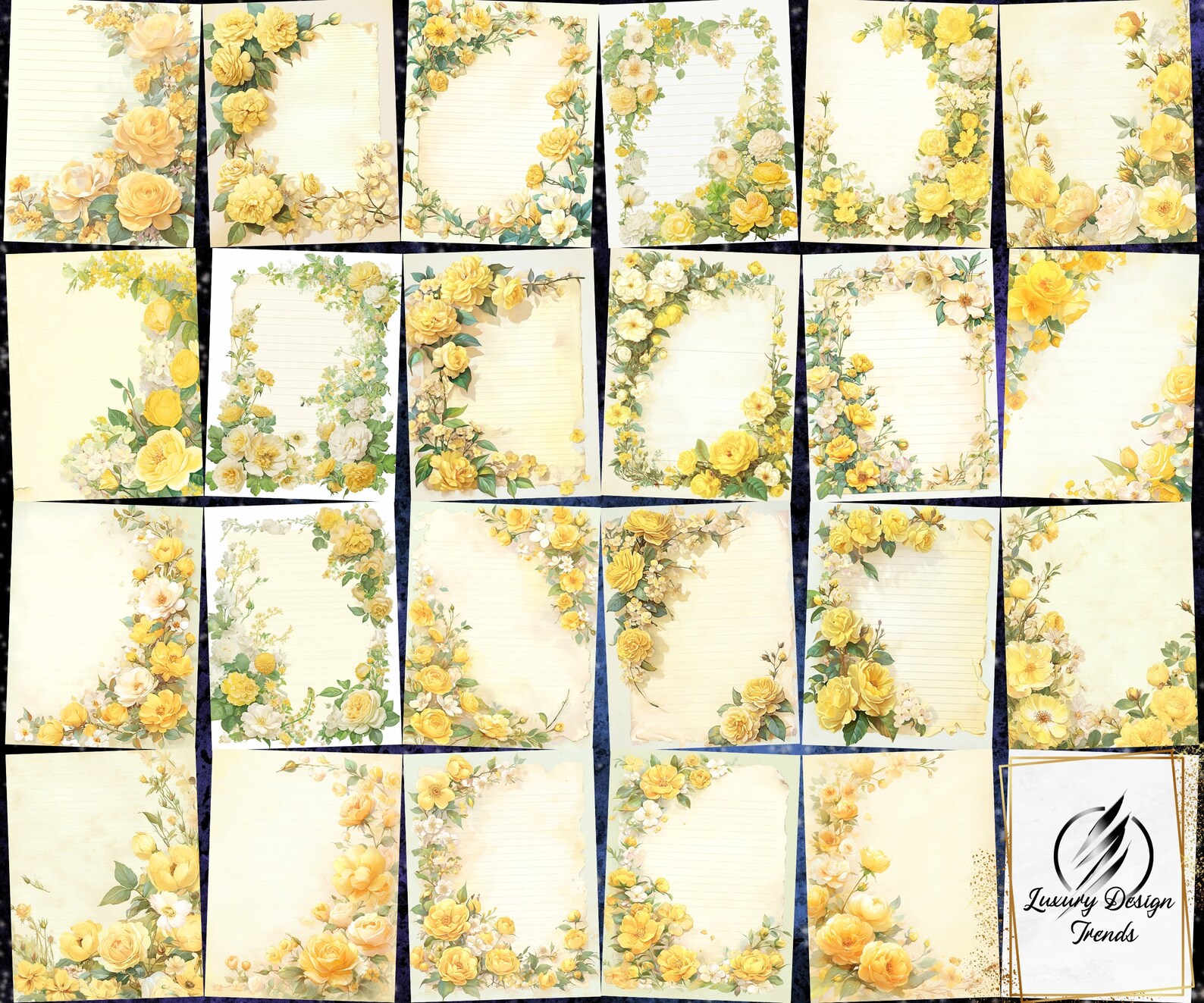 Blank Lined Journal Pages Bundle - Yellow Floral Writing Papers ...