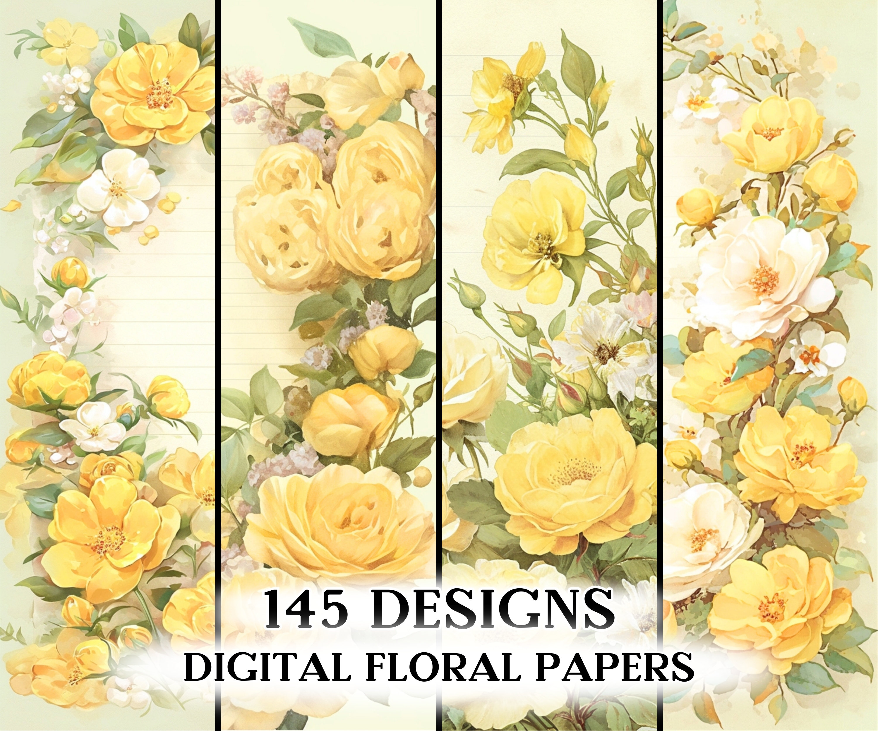 Blank Lined Journal Pages Bundle - Yellow Floral Writing Papers ...