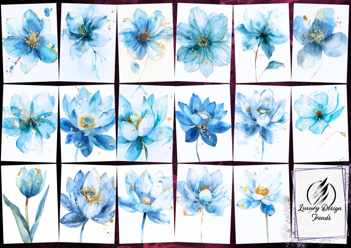 70 Abstract Flowers Clipart, Blue & Gold Floral Printable Watercolor ...