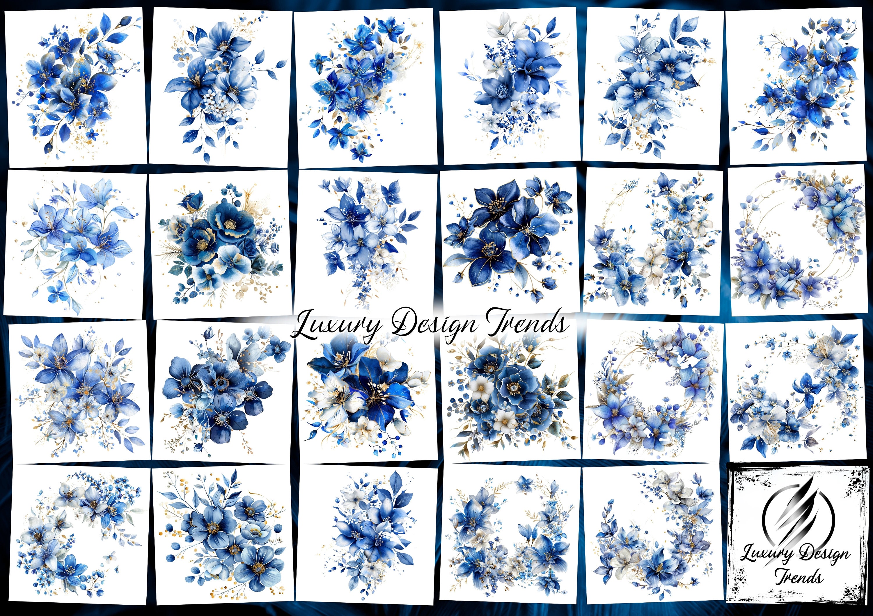 Royal Blue and Gold Floral Clipart Shabby Wedding Rustic Navy Blue ...