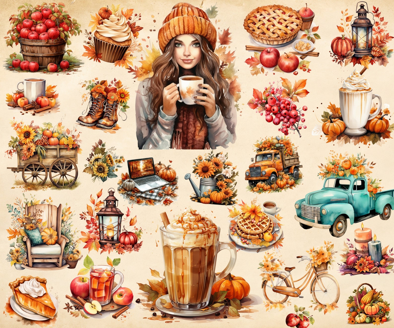Cozy Cottagecore Autumn Clipart Bundle | Vintage Watercolor Pumpkins ...
