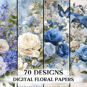 Big Bundle Rustic Blue Roses Scrappy Papers, Shabby Floral Junk Journal ...