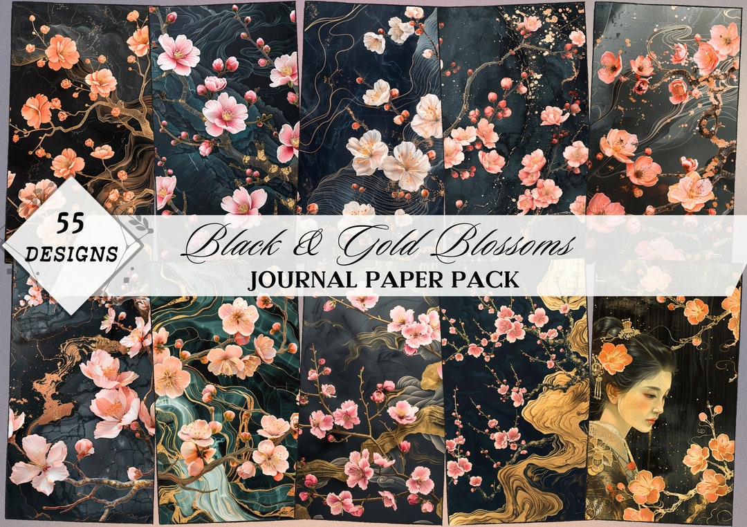 Japanese Style Black and Gold Accent Spring Blossoms Digital Paper ...