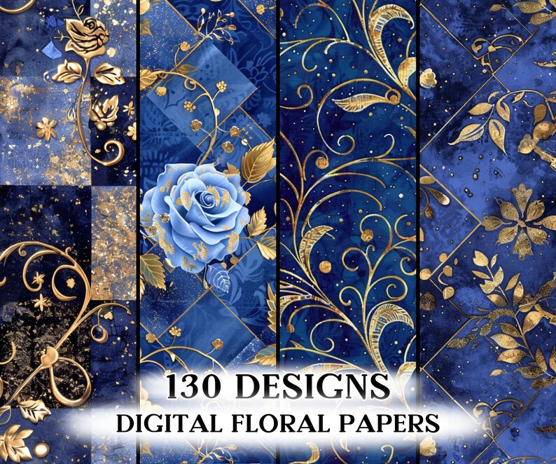Printable Royal Blue & Gold Paper Bundle, Abstract, Asymmetric, Damask ...