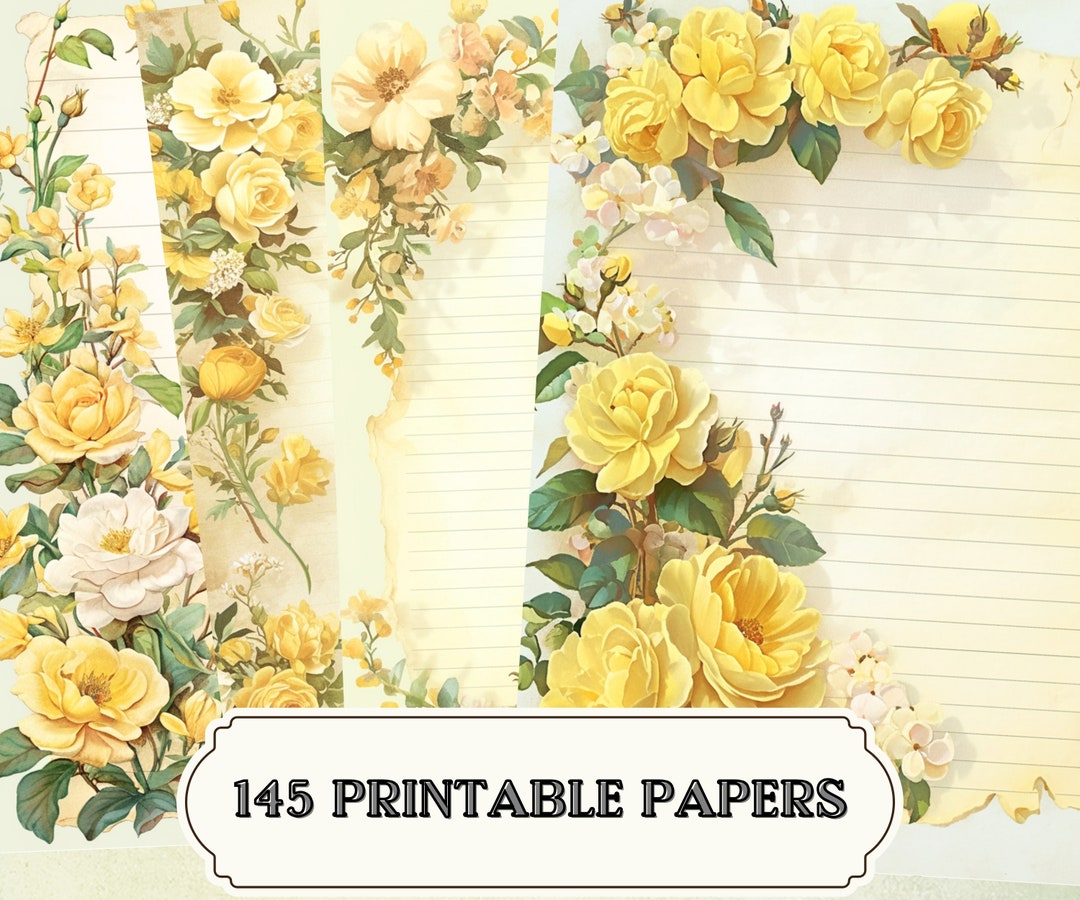 Blank Lined Journal Pages Bundle - Yellow Floral Writing Papers ...