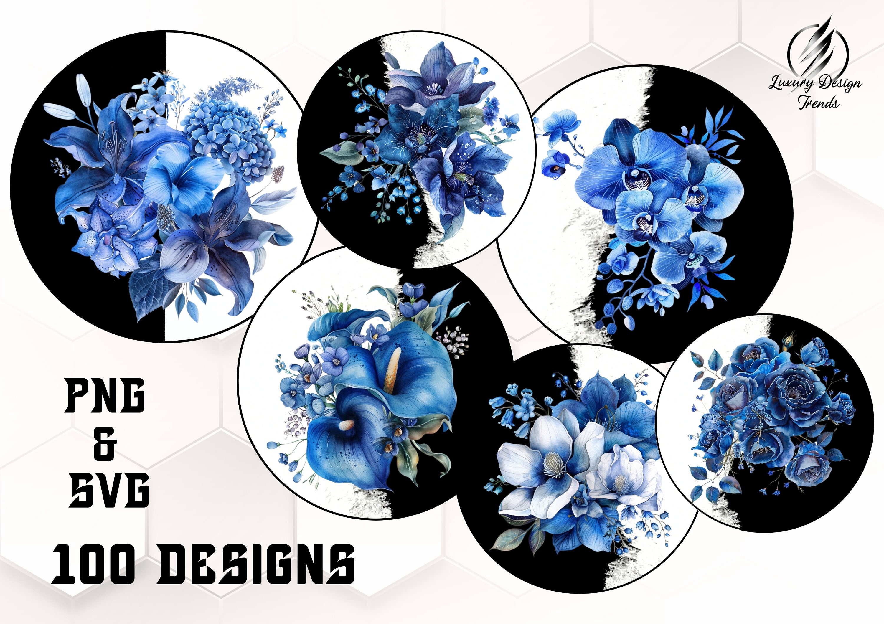 Indigo Blue Flowers PNG, Watercolor Blue Floral Clipart Bundle, Wedding ...