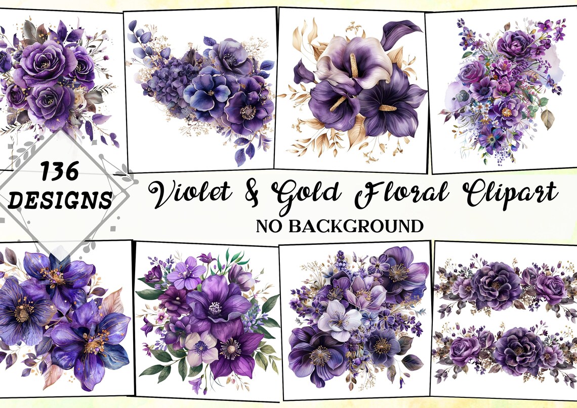Violet & Gold Floral Clipart Floral Watercolor Clipart Purple Wedding ...
