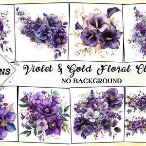 Violet & Gold Floral Clipart - Floral Watercolor Clipart - Purple ...