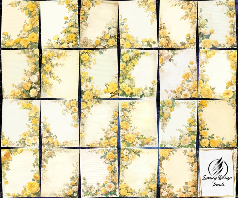 Blank Lined Journal Pages Bundle - Yellow Floral Writing Papers ...