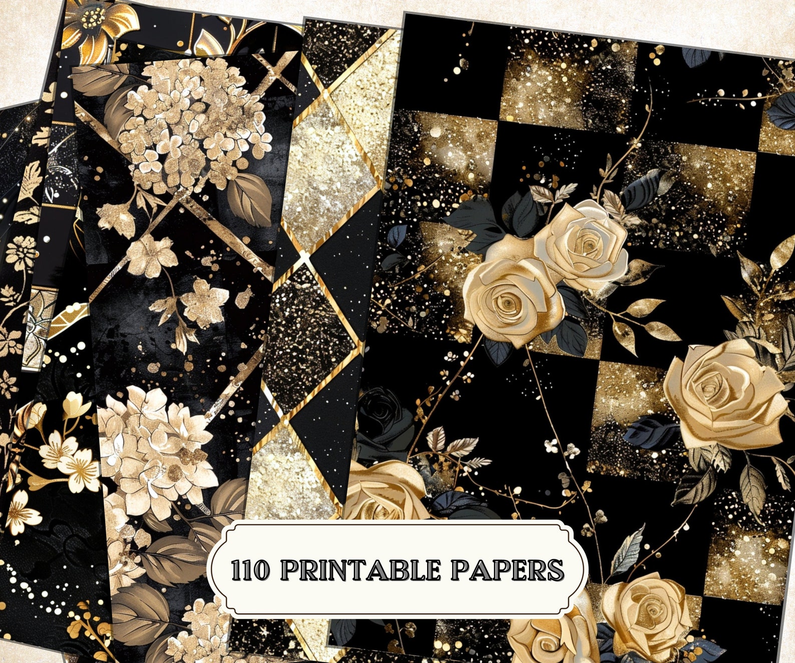 Black & Gold Digital Paper Bundle | Classic, Abstract Floral, Damask ...