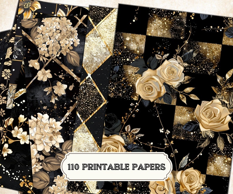 Black & Gold Digital Paper Bundle | Classic, Abstract Floral, Damask ...