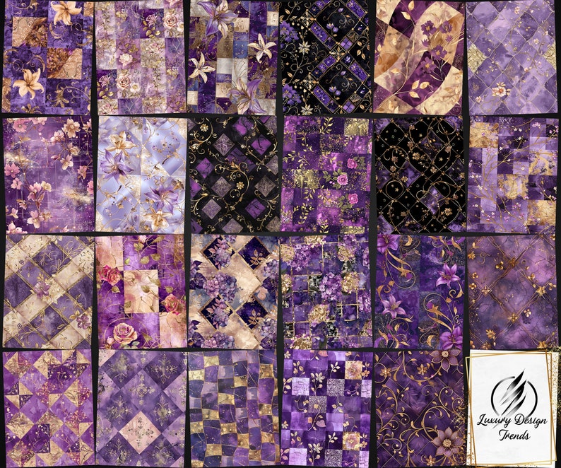 Purple & Gold Digital Paper Bundle | Classic and Abstract Floral Damask ...