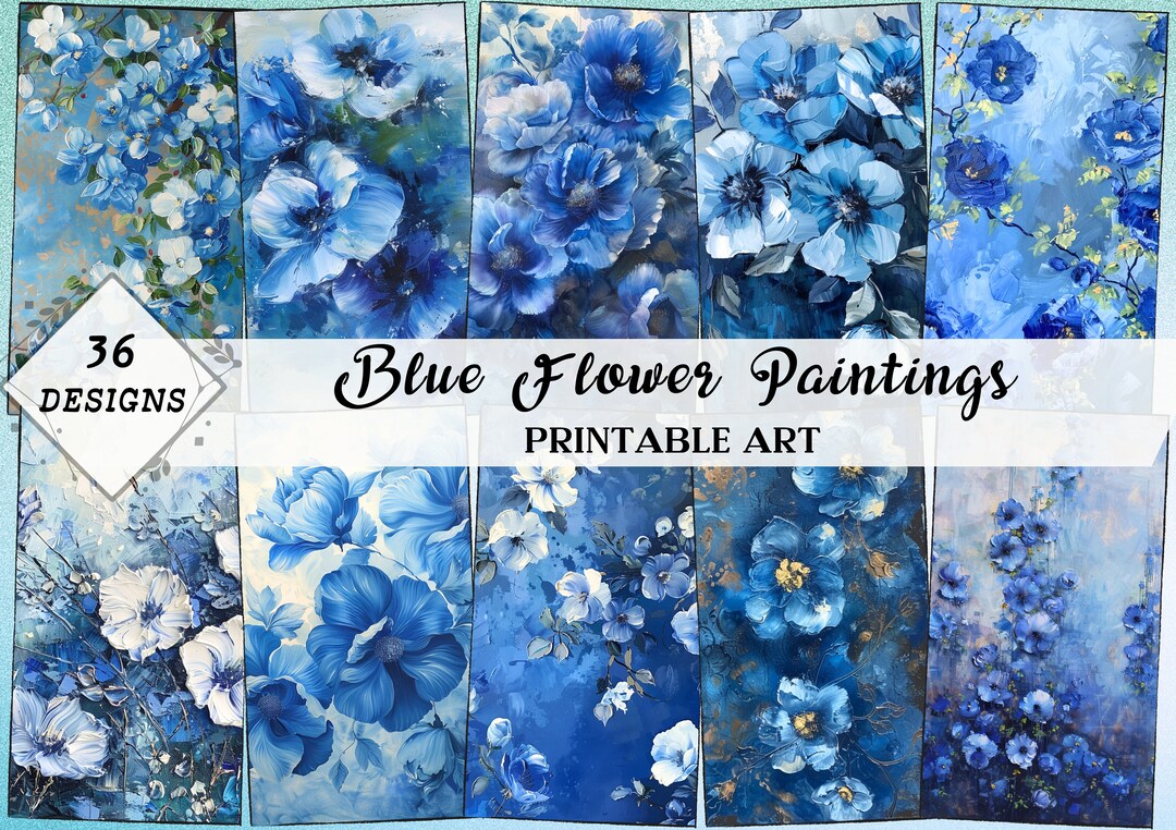 Blue Floral Digital Paper Set - Printable Flowers Crafting Papers for ...