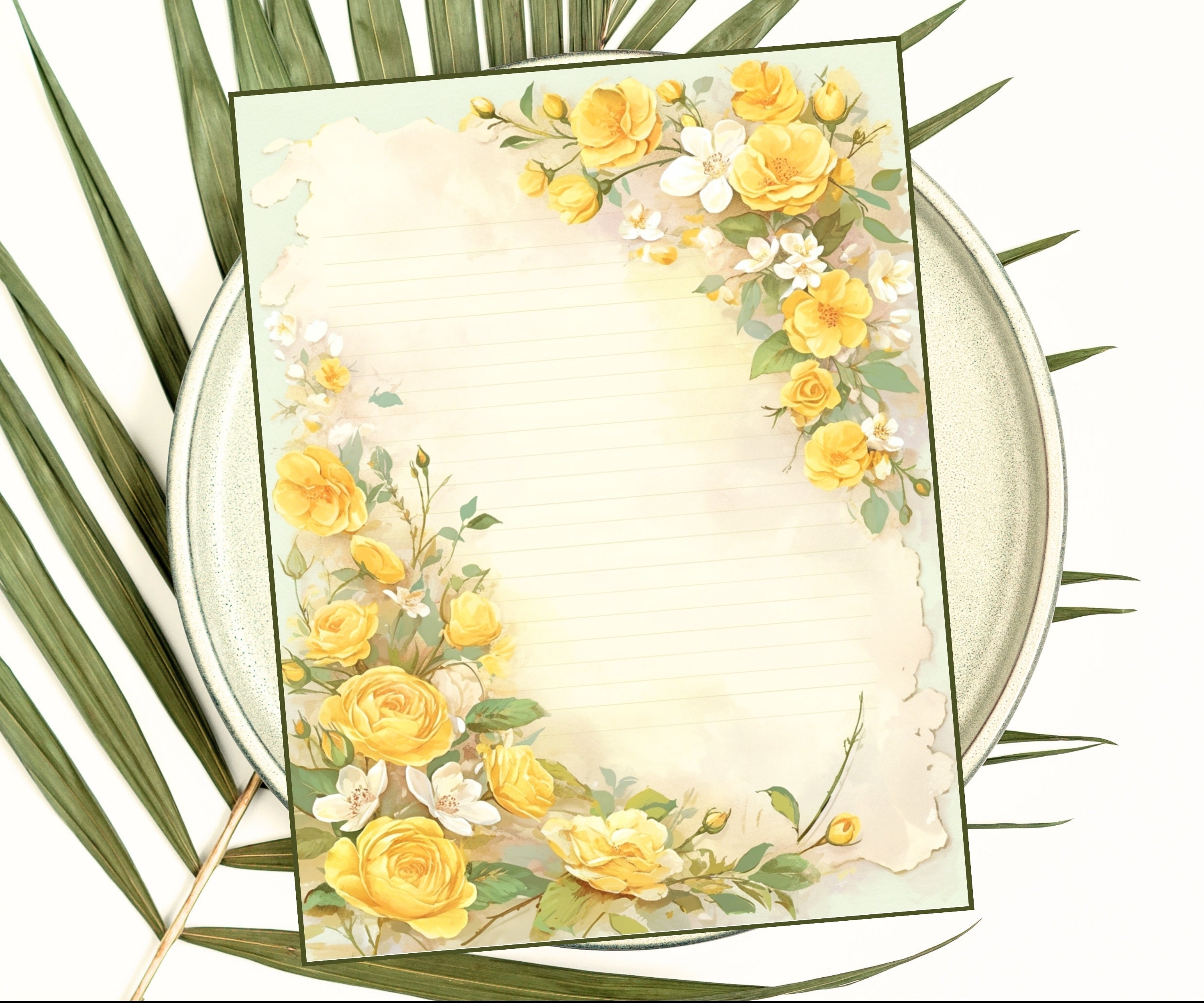Blank Lined Journal Pages Bundle - Yellow Floral Writing Papers ...