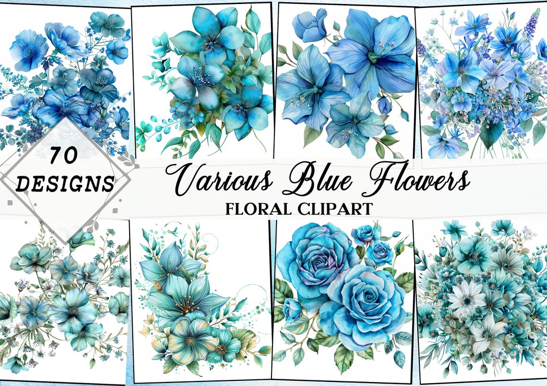 70 Various Blue Flowers Clipart, Flowers Prints, Printable Watercolor ...