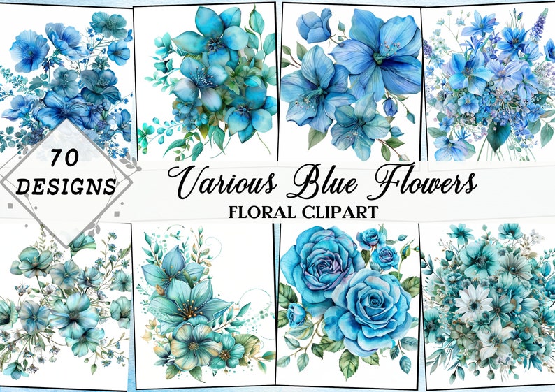70 Various Blue Flowers Clipart, Flowers Prints, Printable Watercolor ...