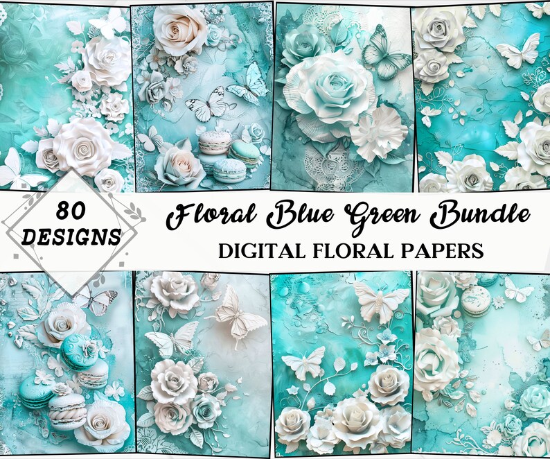 Floral Blue Green Junk Journal Bundle, Flower Journal Printable Kit ...