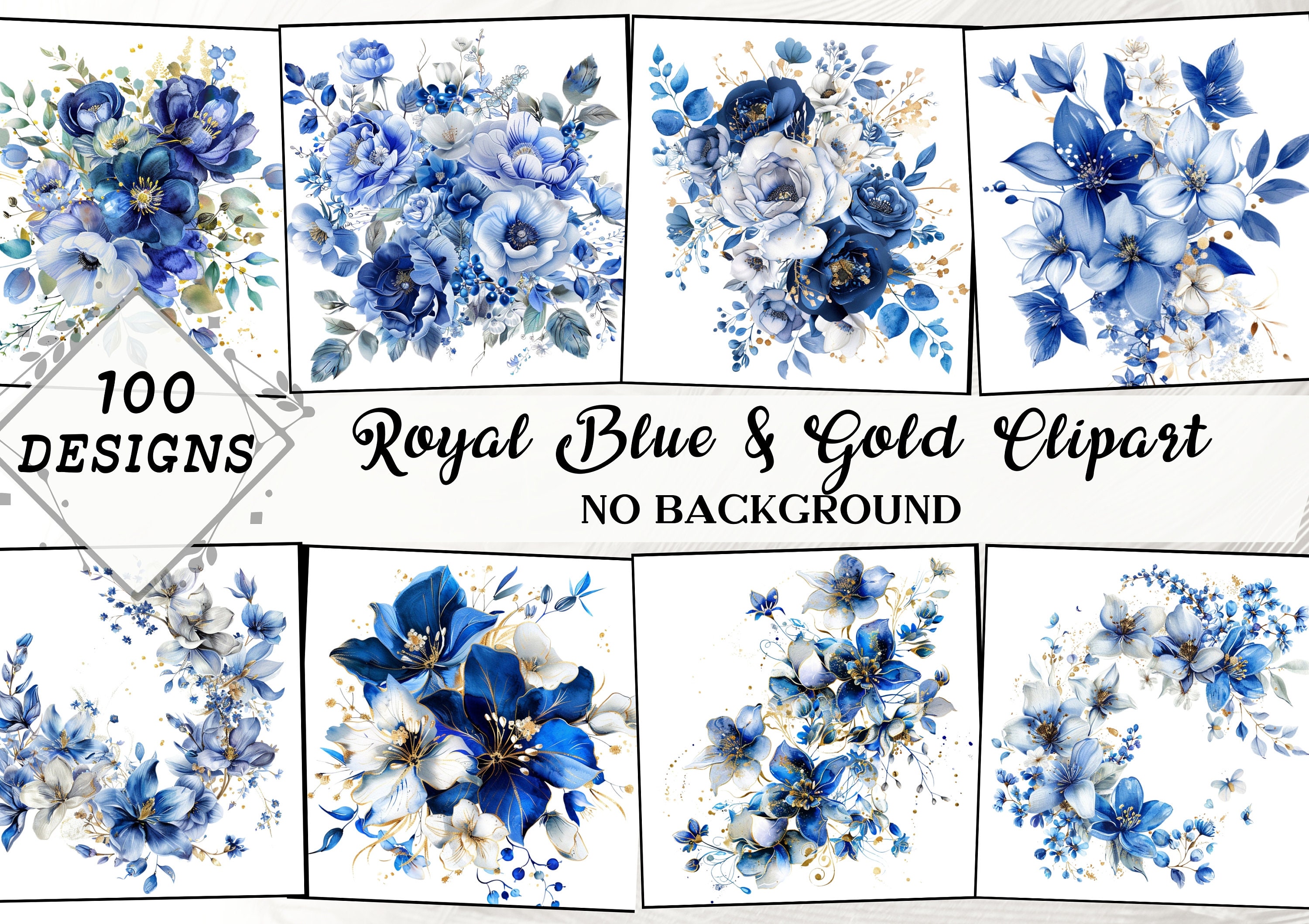 Royal Blue and Gold Floral Clipart Shabby Wedding Rustic Navy Blue ...