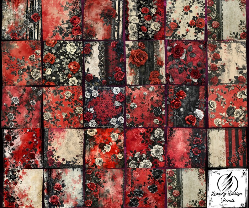 Romantic Goth Roses Digital Paper Bundle, Gothic Digital Pattern ...