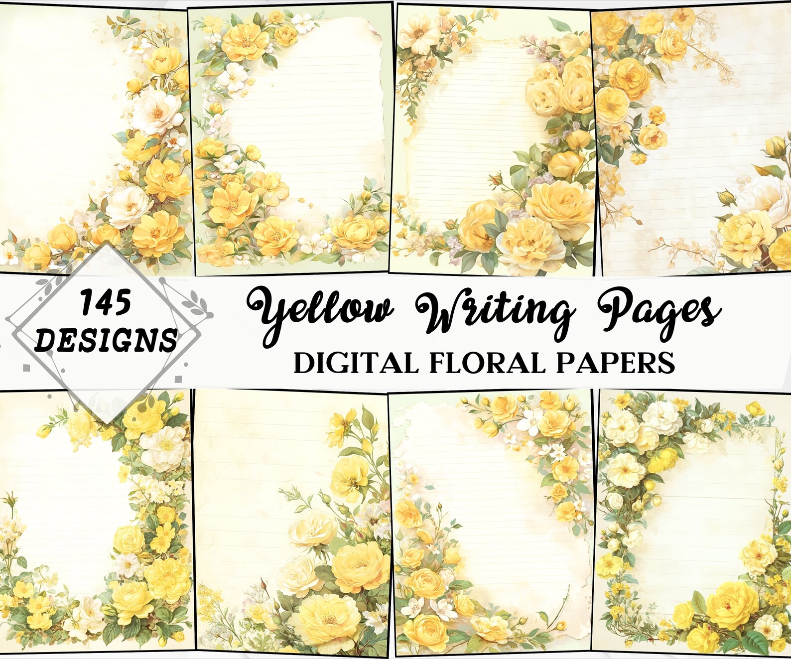 Blank Lined Journal Pages Bundle - Yellow Floral Writing Papers ...