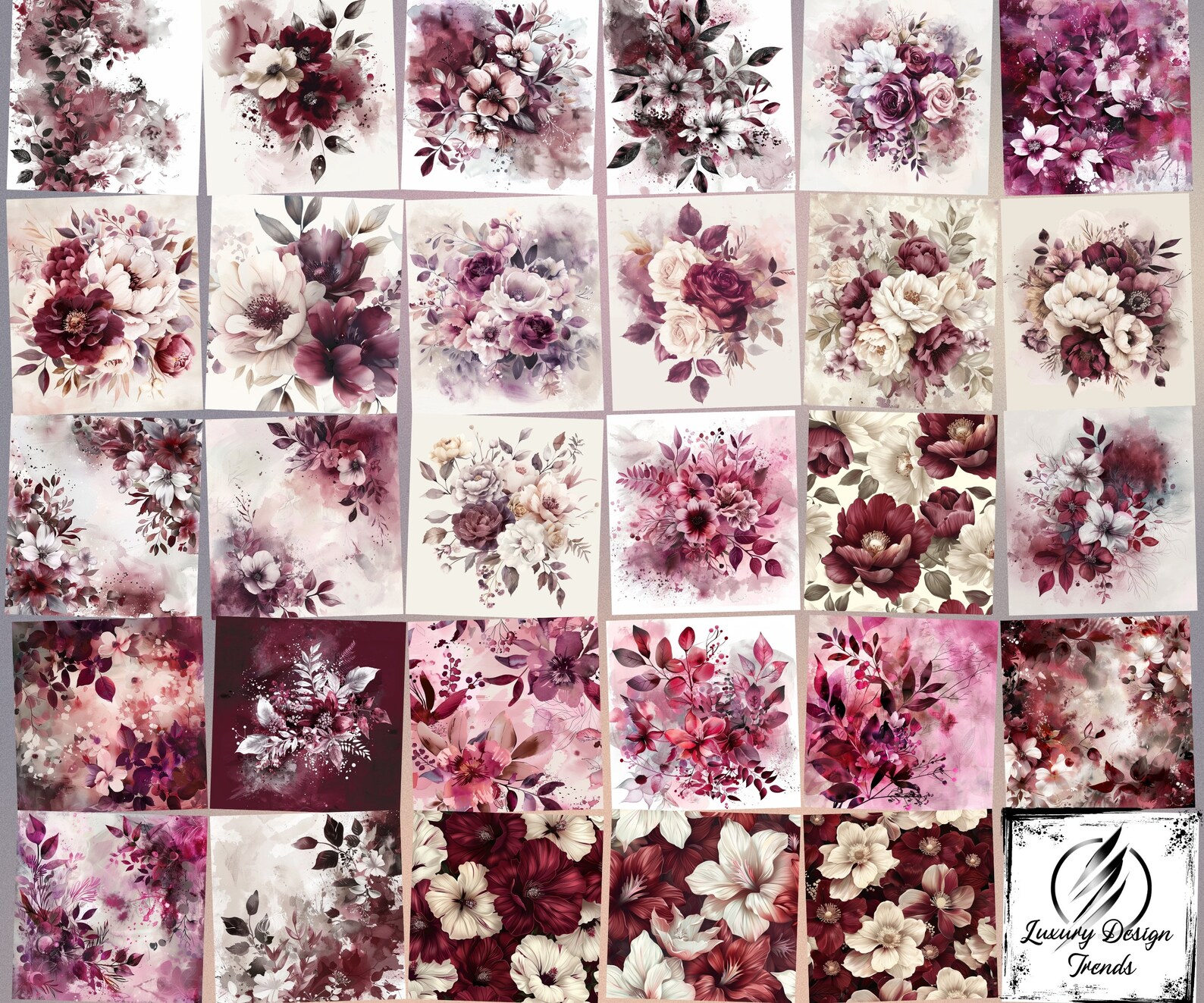 Big Bundle Burgundy Floral Digital Paper, Abstract Burgundy Watercolor ...