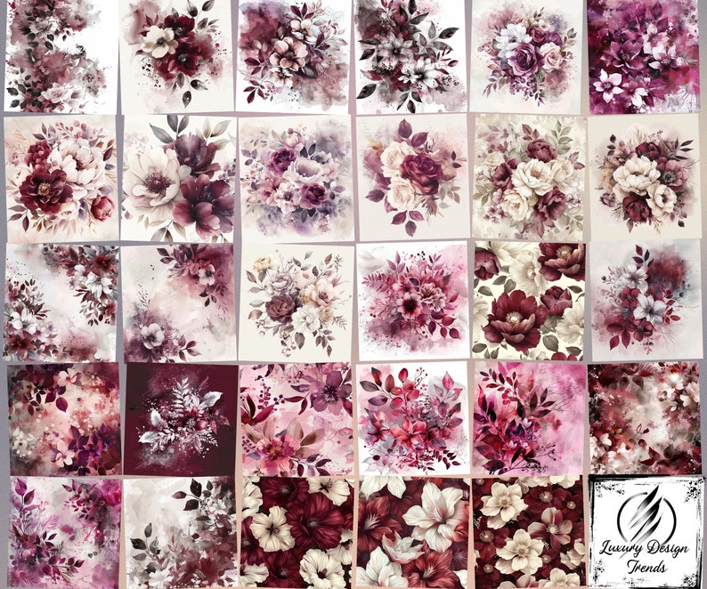 Big Bundle Burgundy Floral Digital Paper, Abstract Burgundy Watercolor ...