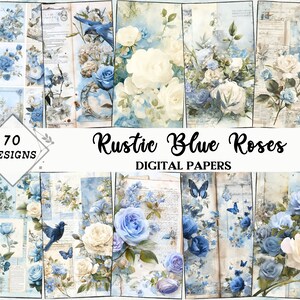Big Bundle Rustic Blue Roses Scrappy Papers, Shabby Floral Junk Journal ...