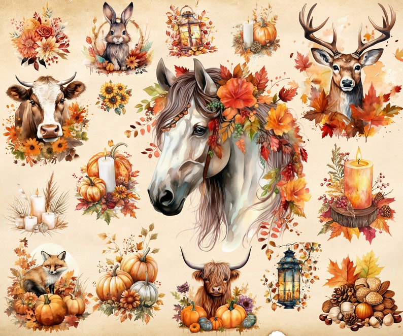 Cozy Cottagecore Autumn Clipart Bundle | Vintage Watercolor Pumpkins ...