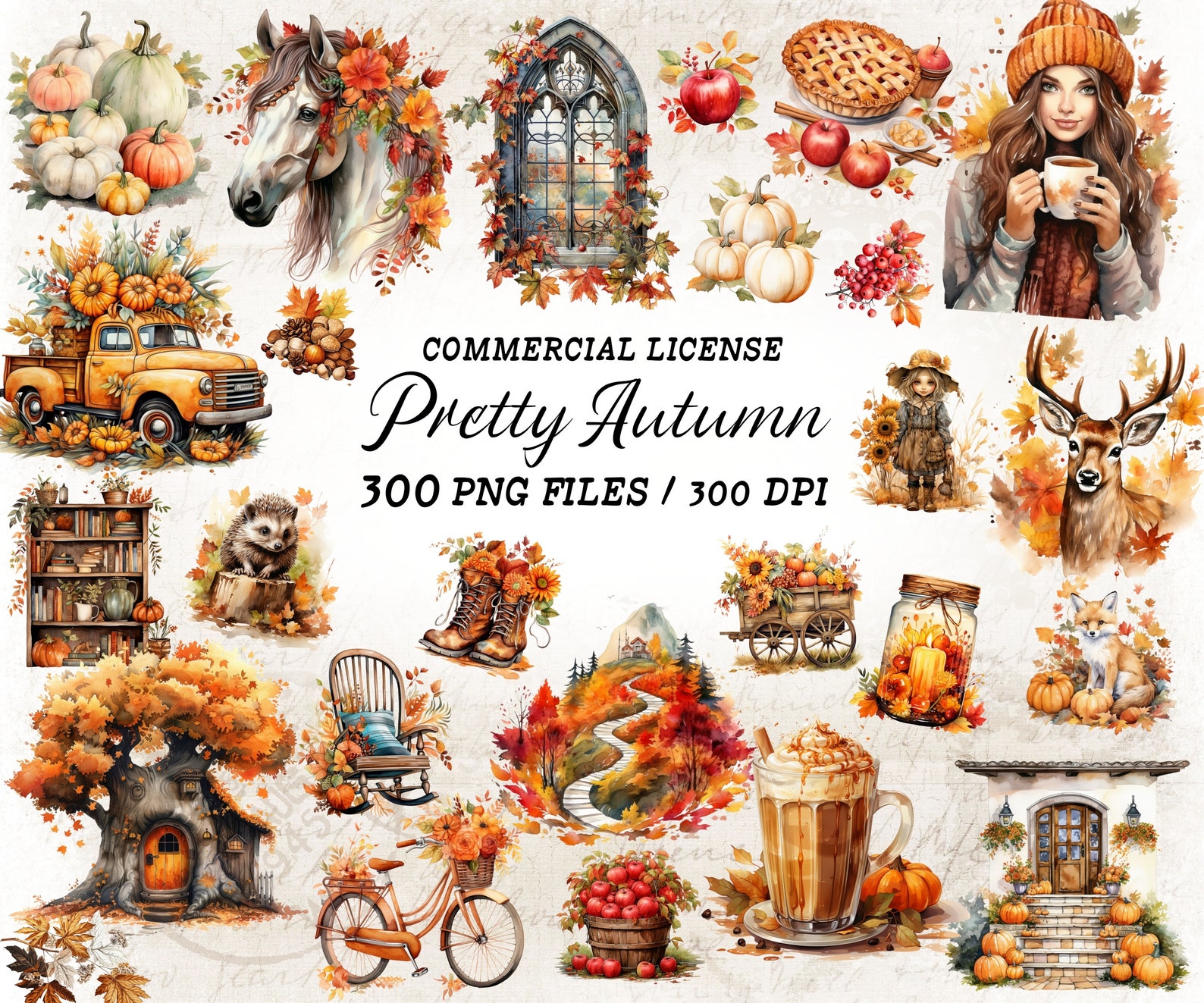 Cozy Cottagecore Autumn Clipart Bundle | Vintage Watercolor Pumpkins ...