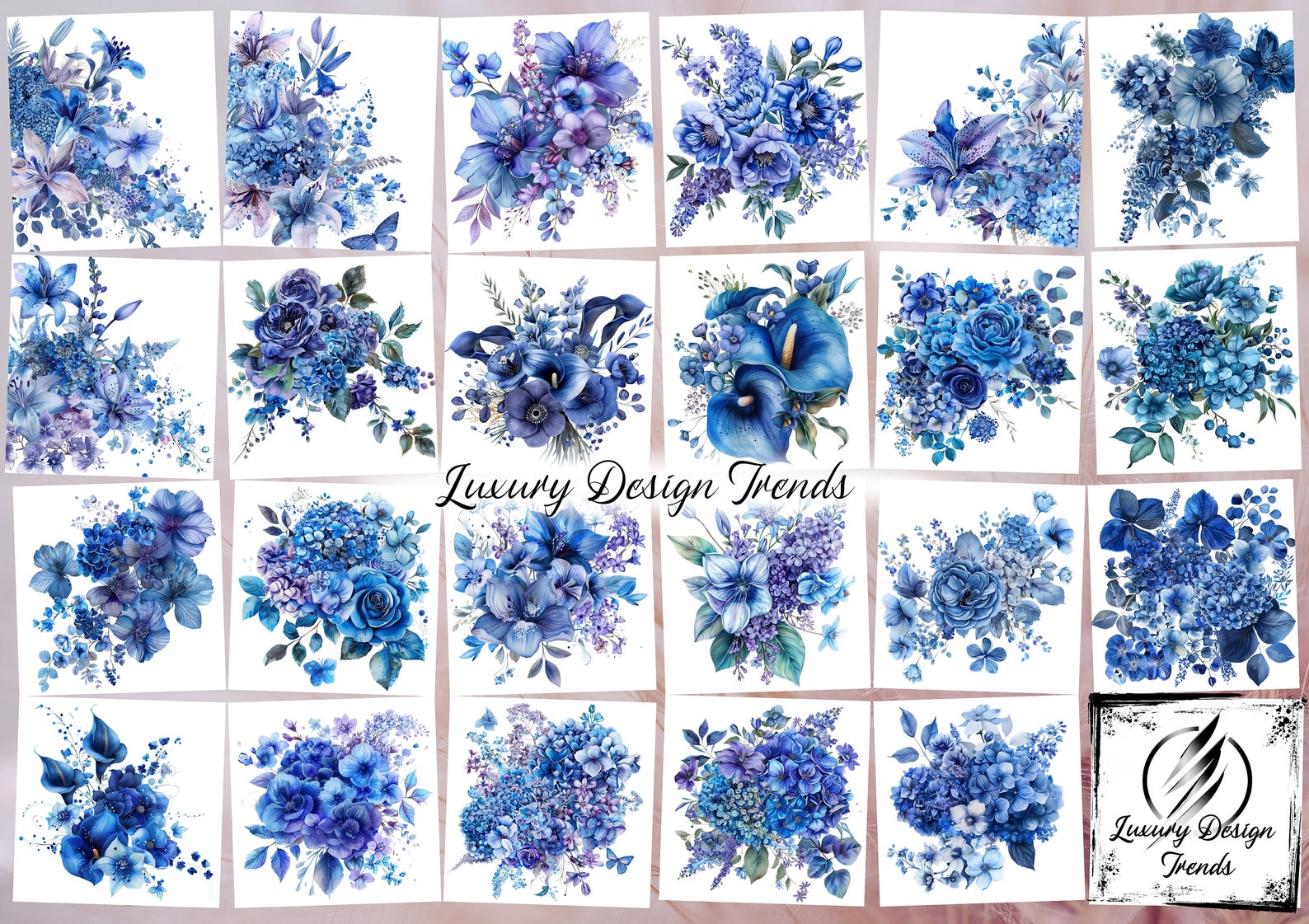 Indigo Blue Flowers PNG, Watercolor Blue Floral Clipart Bundle, Wedding ...