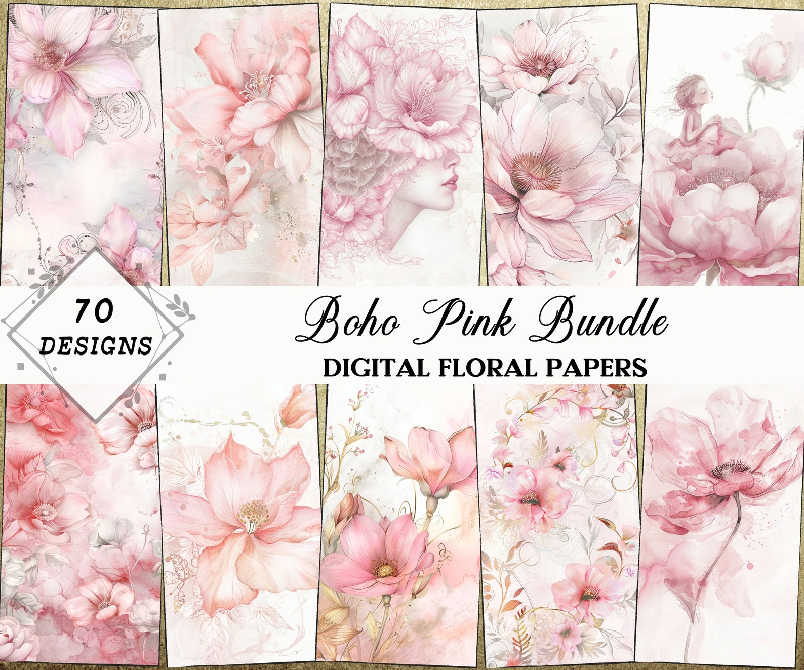 Boho Pink Floral Paper Bundle | Pretty Watercolor Scrapbook Digital ...