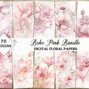 Boho Pink Floral Digital Paper Bundle | Watercolor Scrapbook Pages | A4 ...